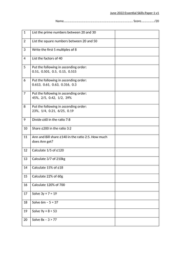 OCR June 2022 Maths foundation advanced info worksheets paper 1 ...