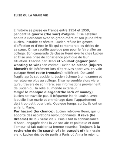 Elise ou La Vraie Vie French A Level Summary of Plot in French Revision ...