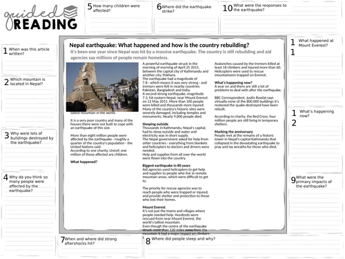 Nepal Earthquake 2015 Guided Reading Worksheet | Teaching Resources