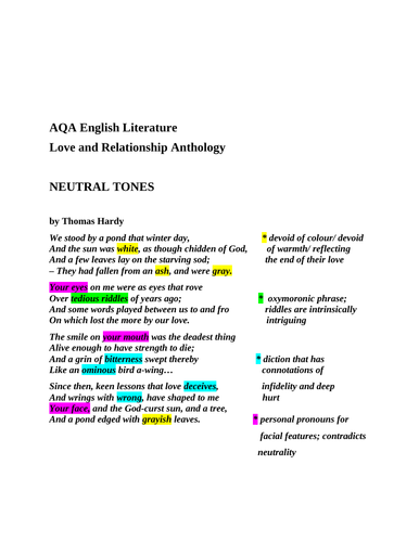 GCSE ENGLISH LITERATURE THOMAS HARDY NEUTRAL TONES A* analysis ...