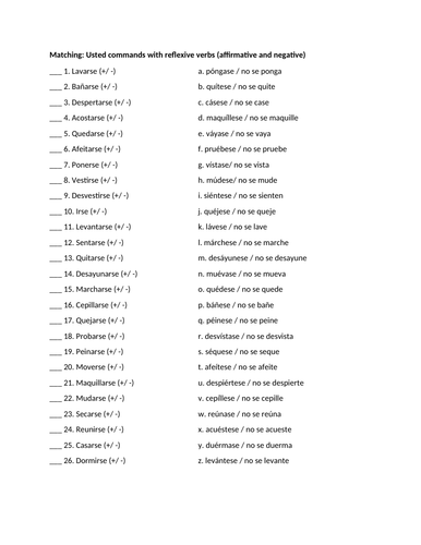Usted commands with reflexive verbs matching practice | Teaching Resources