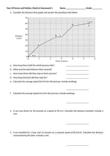 Year 10 AUS Forces and Motion check-in sheets | Teaching Resources