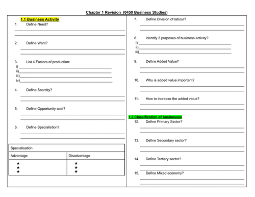 Understanding business activity Revision worksheet | Teaching Resources