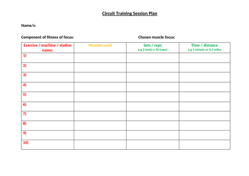 Circuit Training Worksheet | Teaching Resources Circuit Training Worksheet | Teaching Resources