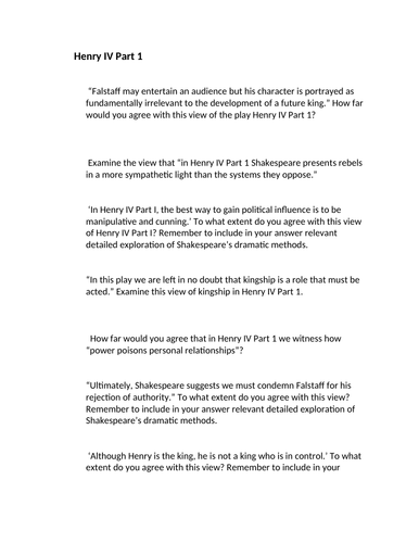 A LEVEL ENGLISH LITERATURE exam questions HENRY IV PART I Shakespeare ...