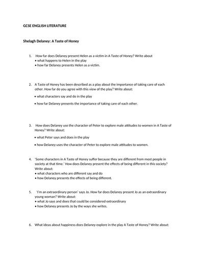 Shelagh Delaney: A Taste of Honey- GCSE exam questions and quotations ...
