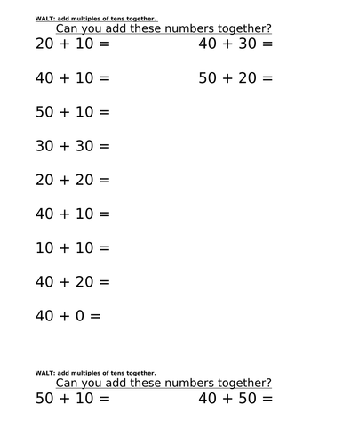 Year 2-Adding multiples of ten- differentiated | Teaching Resources