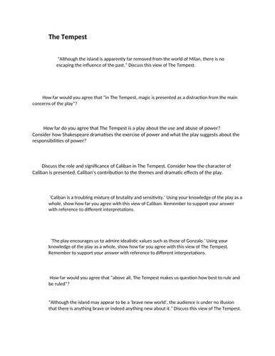 A LEVEL ENGLISH THE TEMPEST - SHAKESPEARE - mock exam questions ...