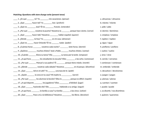 Stem change questions matching practice | Teaching Resources