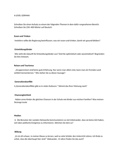 A LEVEL GERMAN COLLECTION OF ESSAY QUESTIONS - LESSON PLAN | Teaching ...