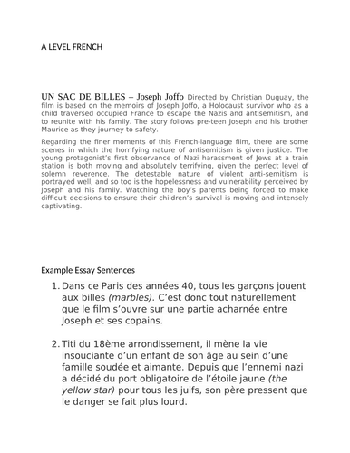 A level French Un Sac de Billes revision sheet / lesson plan | Teaching ...