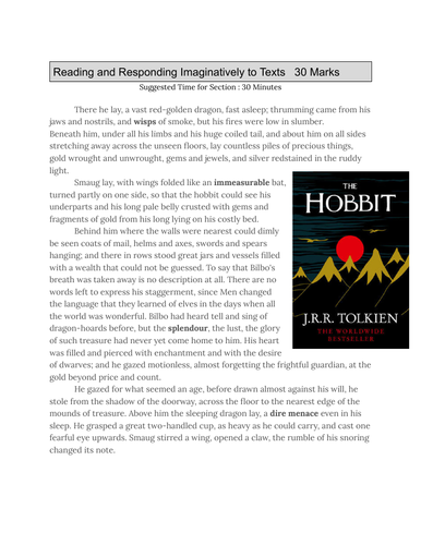 Reading Comprehension : The Hobbit Junior Cycle | Teaching Resources