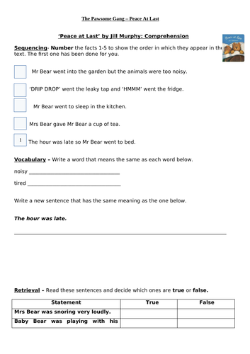 Peace at Last Key Stage 1 Comprehension | Teaching Resources