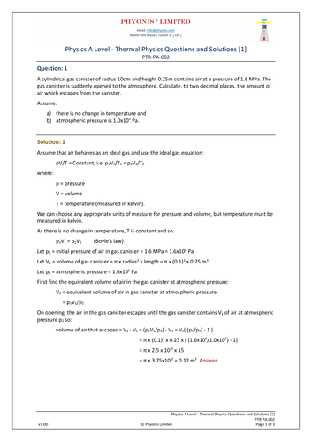 Physics A Level - Thermal Physics Questions and Solutions [1] PTR-PA ...