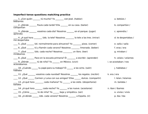 Imperfect tense questions matching practice | Teaching Resources