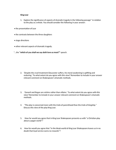 A LEVEL ENGLISH LITERATURE KING LEAR mock examination questions ...