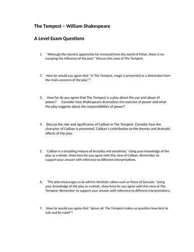 A LEVEL ENGLISH LITERATURE THE TEMPEST SHAKESPEARE mock exam questions ...