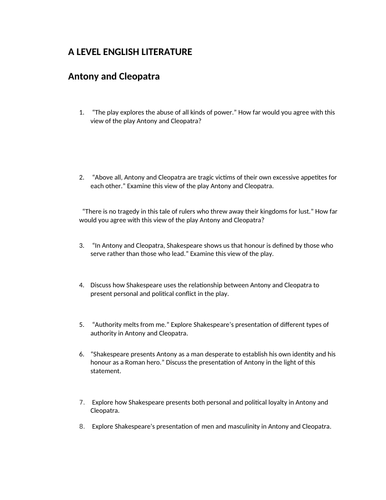a level english literature ANTONY AND CLEOPATRA SHAKESPEARE MOCK EXAM ...