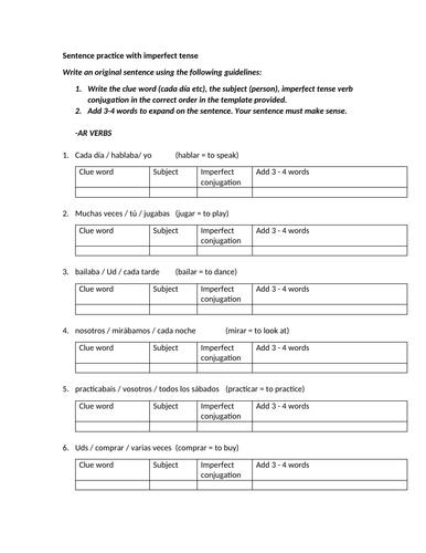 Imperfect tense original sentence practice | Teaching Resources