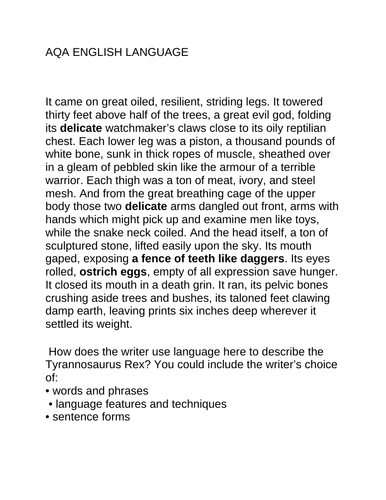 AQA ENGLISH LANGUAGE REVISION SHEET gcsethe use of language; sentence ...