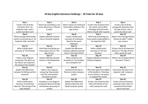 30 Day English Literature Challenge Grid | Teaching Resources