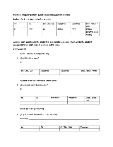 Irregular preterit questions with conjugation practice | Teaching Resources