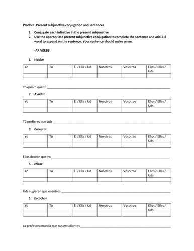 Present subjunctive conjugation and sentences | Teaching Resources
