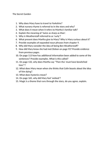 The Secret Garden Comprehension | Teaching Resources