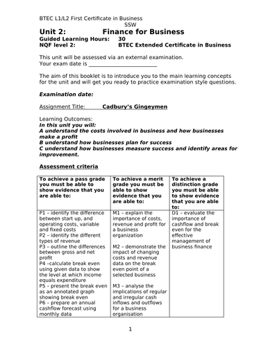 Unit 2 - Finance for Business Assignment | Teaching Resources