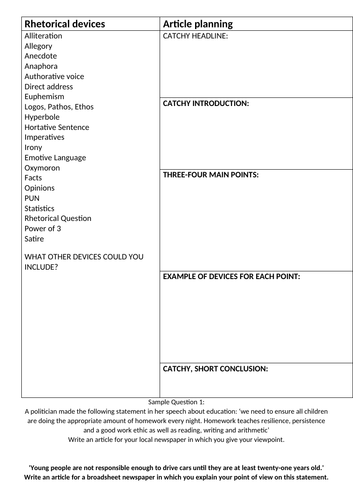 Article questions and planning sheets | Teaching Resources