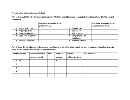 Present subjunctive sentence worksheet | Teaching Resources