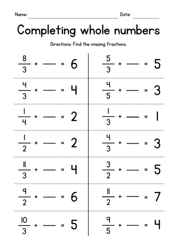 Completing Whole Numbers (improper fractions) | Teaching Resources
