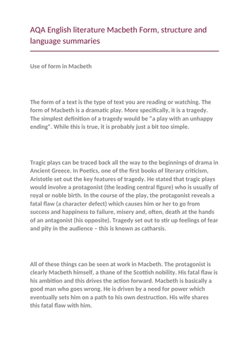 AQA English literature Macbeth Form, structure and language summaries ...