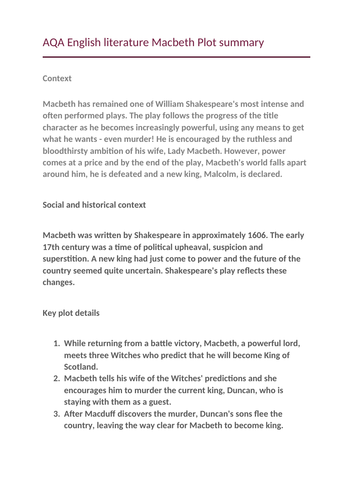 AQA English literature Macbeth Plot summary | Teaching Resources