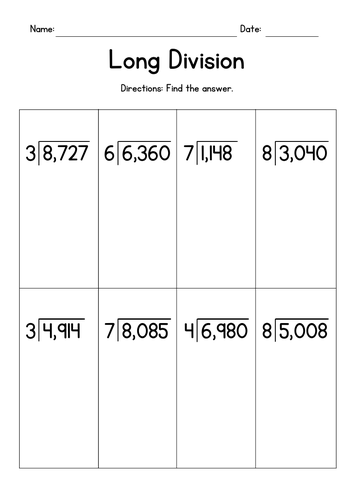 Dividing 4-Digit by 1-Digit Numbers - Long Division Worksheets ...