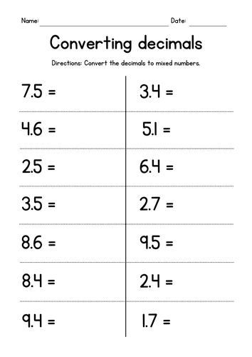 Converting Decimals to Mixed Numbers Worksheets | Teaching Resources