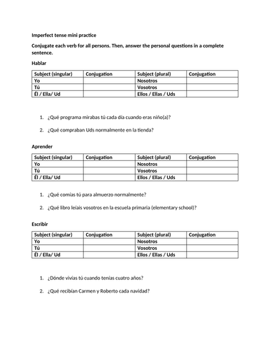 Imperfect tense mini practice | Teaching Resources