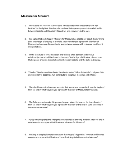 A LEVEL ENGLISH LITERATURE mock exam questions Measure for Measure ...