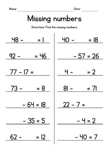 Subtracting 2-Digit Numbers - Missing Numbers | Teaching Resources