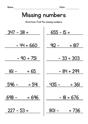 Subtracting from 3-Digit Numbers - Missing Numbers | Teaching Resources