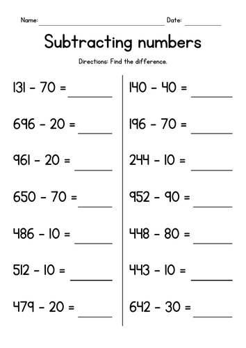 Subtracting Whole Tens from 3-Digit Numbers | Teaching Resources