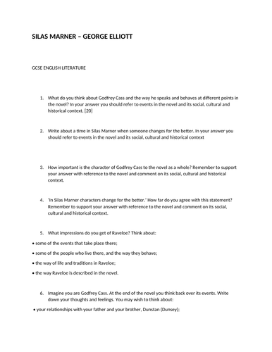 GCSE ENGLISH LITERATURE mock exam question SILAS MARNER GEORGE ELLIOTT ...