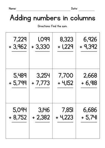 Adding 4-Digit Numbers in Columns Worksheets | Teaching Resources Adding 4-Digit Numbers in Columns Worksheets | Teaching Resources