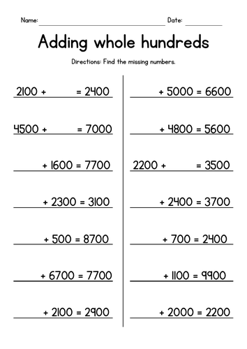 Adding Whole Hundreds - Missing Addends | Teaching Resources