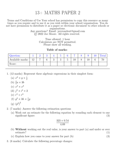 13+ maths paper 2 | Teaching Resources