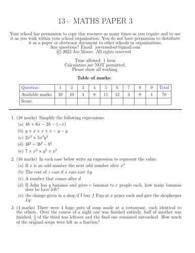 13+ maths paper 3 | Teaching Resources