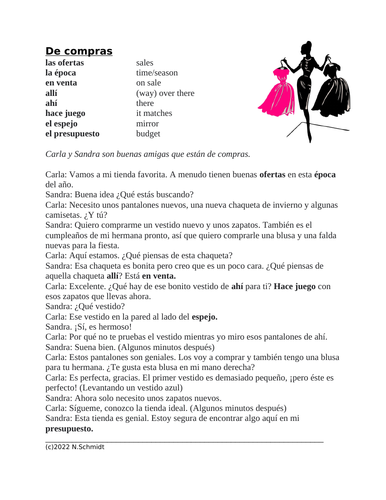 Spanish Clothes Shopping Reading | De compras /La Ropa Lectura ...