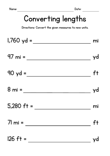 Converting Lengths (miles, yards and feet) - Measurement Worksheets ... Converting Lengths (miles, yards and feet) - Measurement Worksheets ...