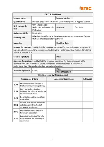 BTEC AppSci 10B Respiration Brief (modified) | Teaching Resources