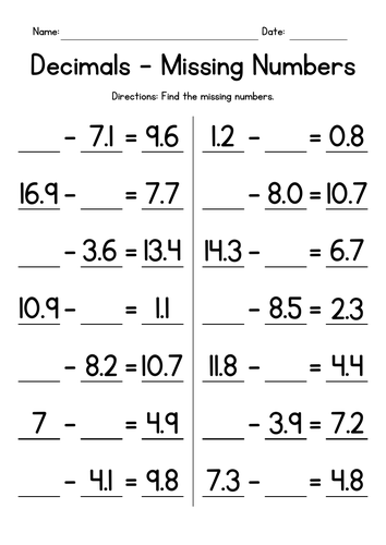 Subtracting Decimals - Missing Numbers Worksheets | Teaching Resources